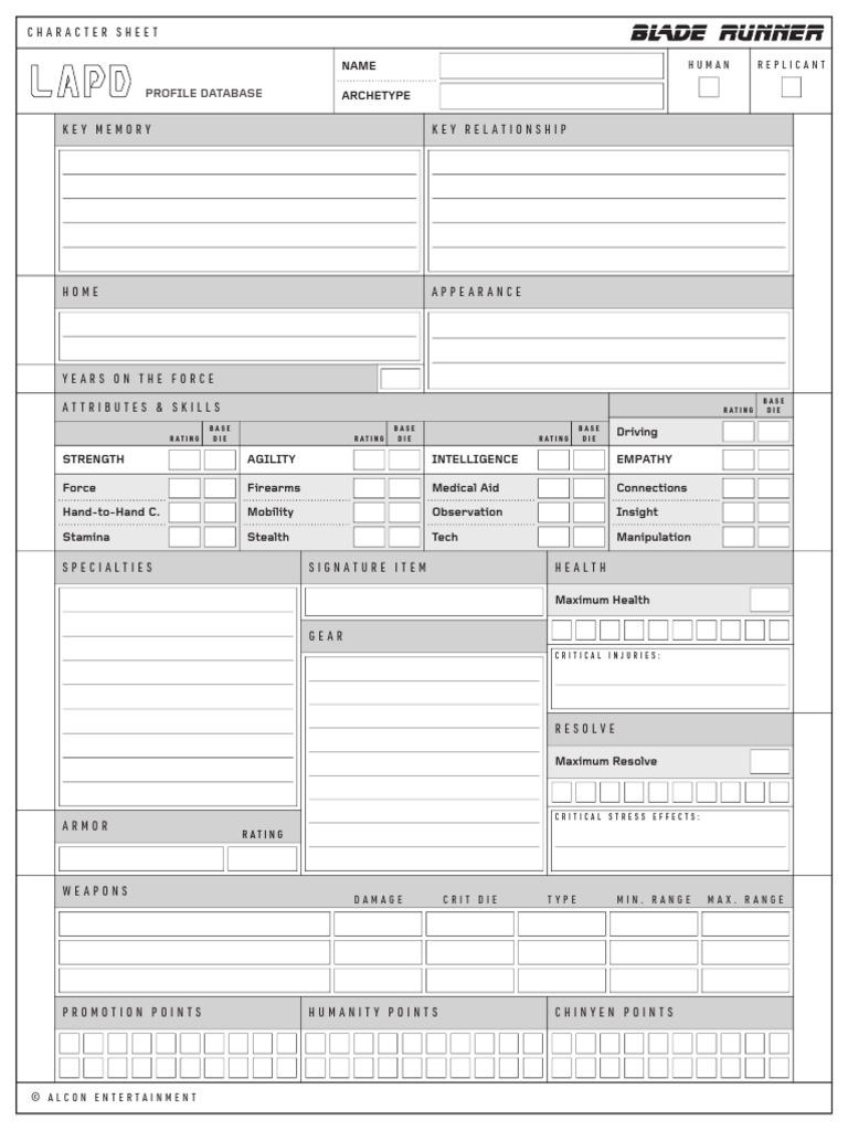 Blade Runner RPG - Character Sheet (Printer Friendly) (OEF) (2022-08-11 ...