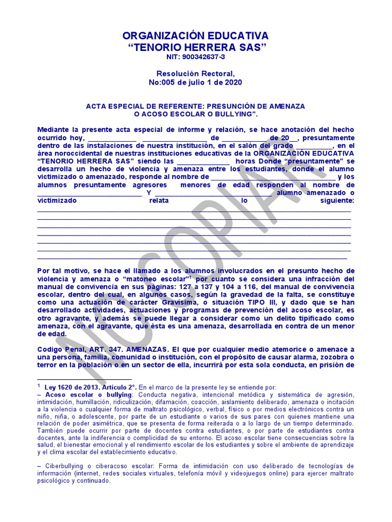 Acta Matoneo Acoso Escolar Bullying 22sep20mmacta | PDF | Acoso ...