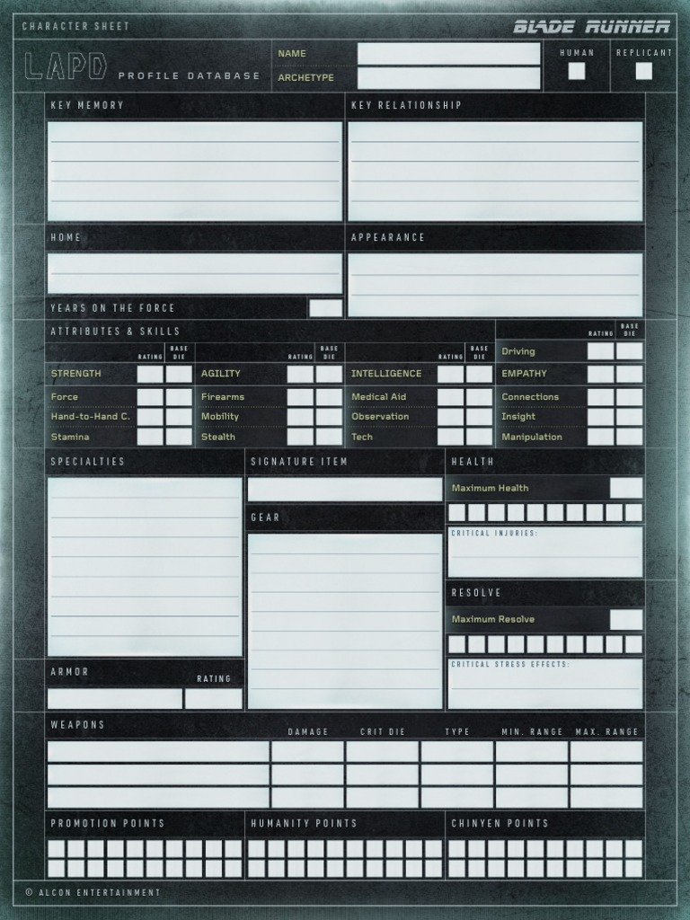 Blade Runner RPG - Character Sheet (OEF) (2022-08-11) | PDF