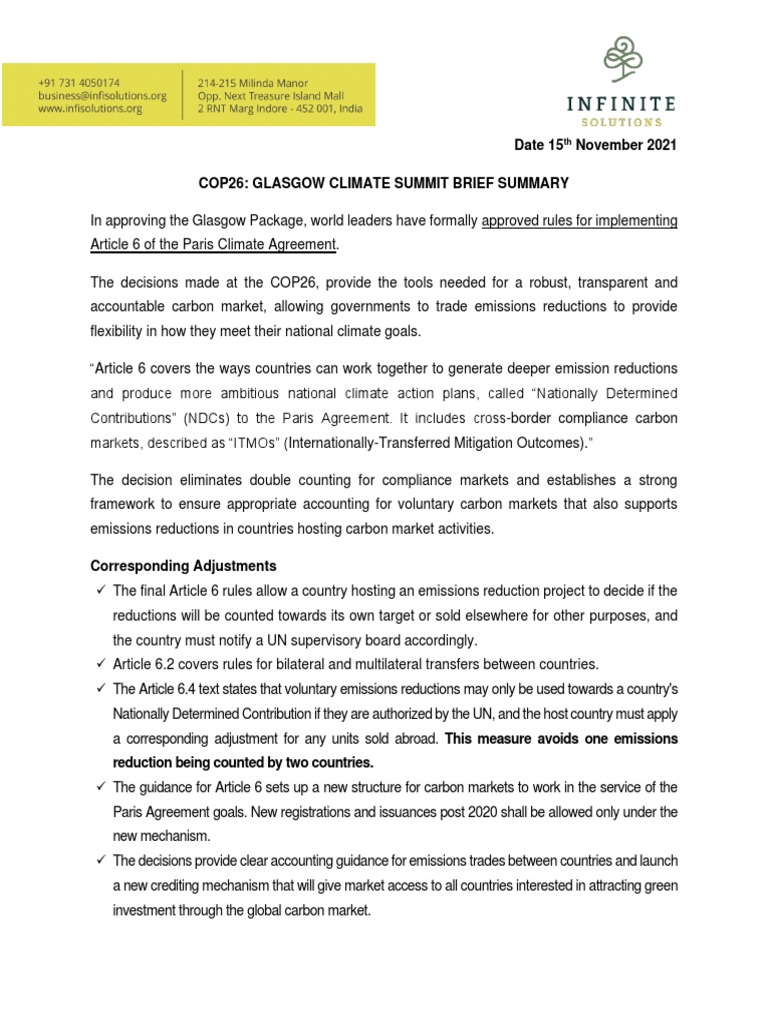 Infinite Solutions - COP26 Brief Summary | PDF | Clean Development Mechanism | Natural Environment