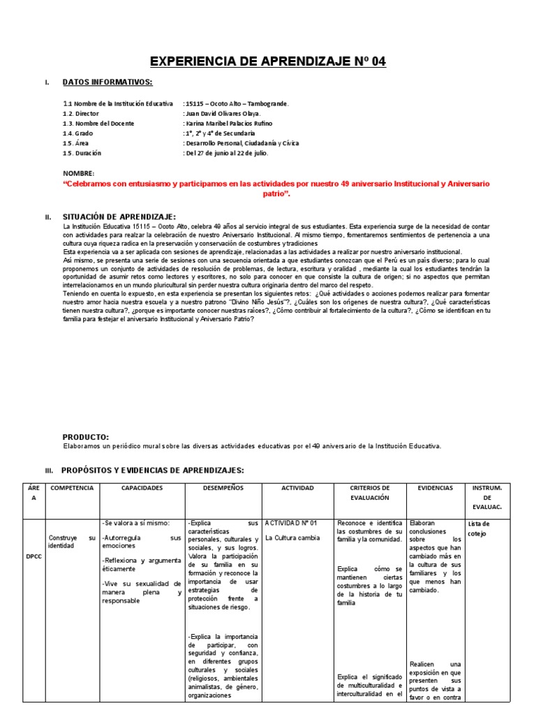 Experiencia de Aprendizaje - DPCC | PDF | Multiculturalismo | Familia