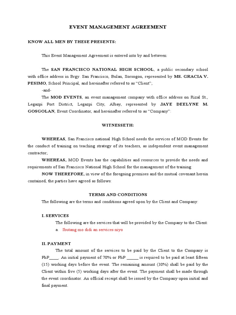 Event Management Agreement | PDF | Indemnity | Business Law