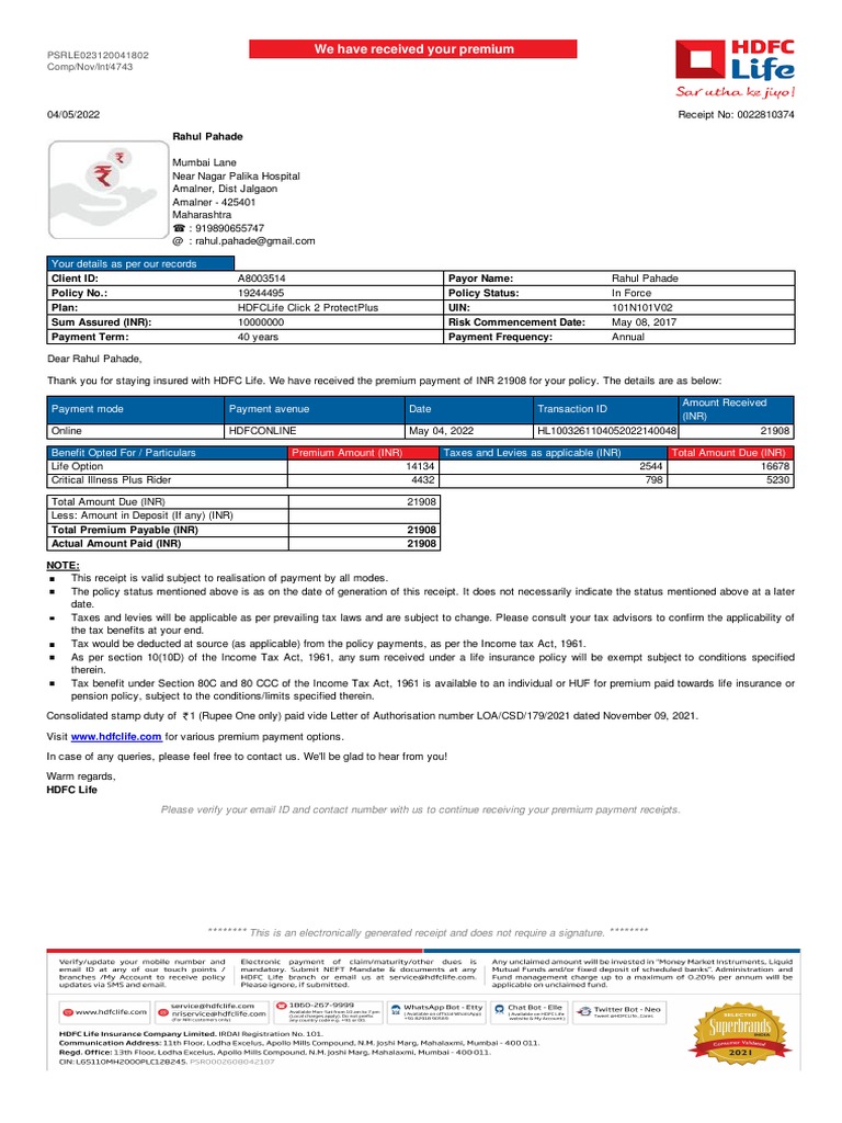 HDFC Life Insurance Premium Receipt | PDF | Life Insurance | Insurance