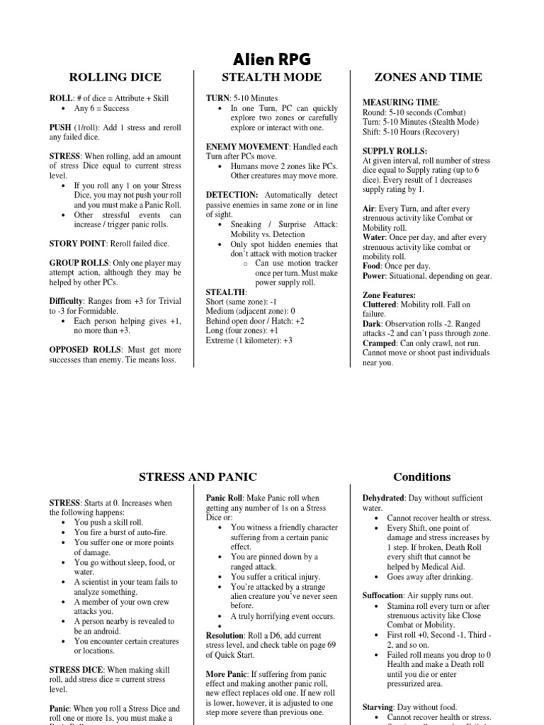 Alien RPG: Roll Dice, Gain Stress, Panic in Zones | PDF