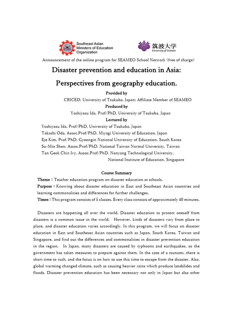 Disaster Prevention and Education in Asia: Perspectives From Geography ...