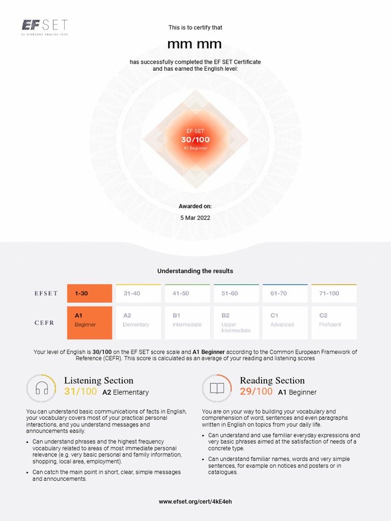 EF SET Certificate A1 Beginner Level English Test Result | PDF
