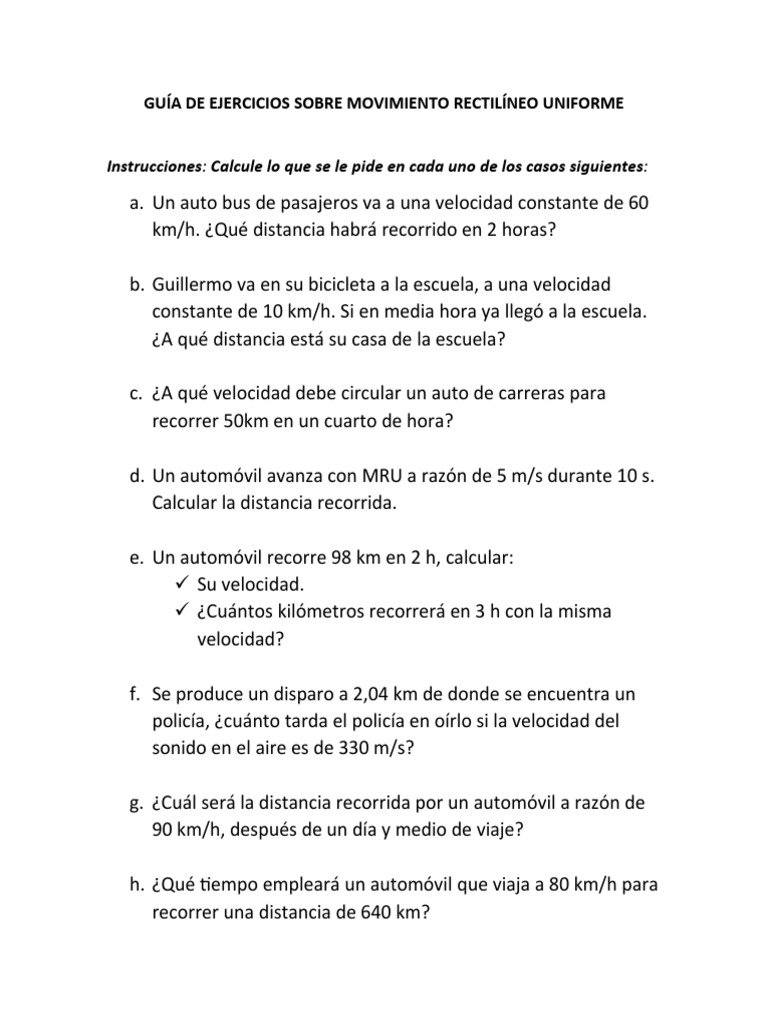 Guía de Ejercicios Sobre Movimiento Rectilíneo Uniforme | PDF