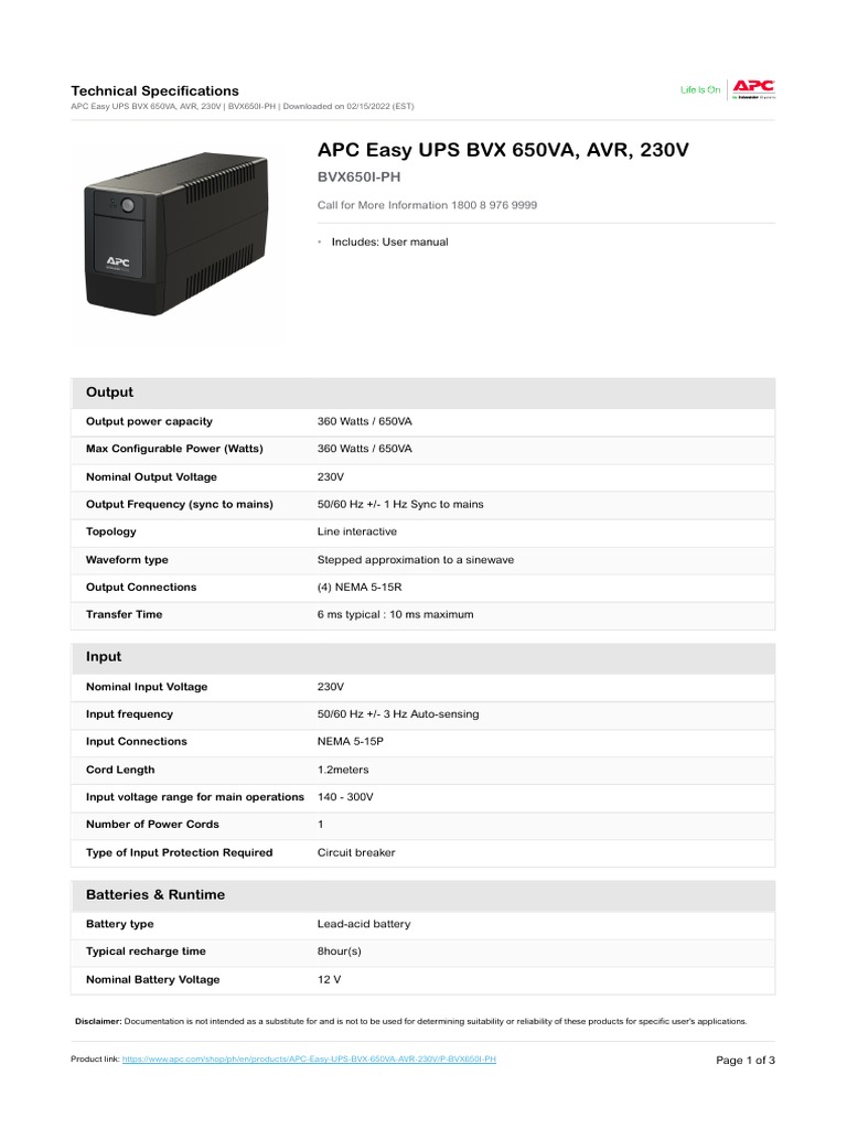 APC Easy UPS BVX 650VA, AVR, 230V: Technical Specifications | PDF ...