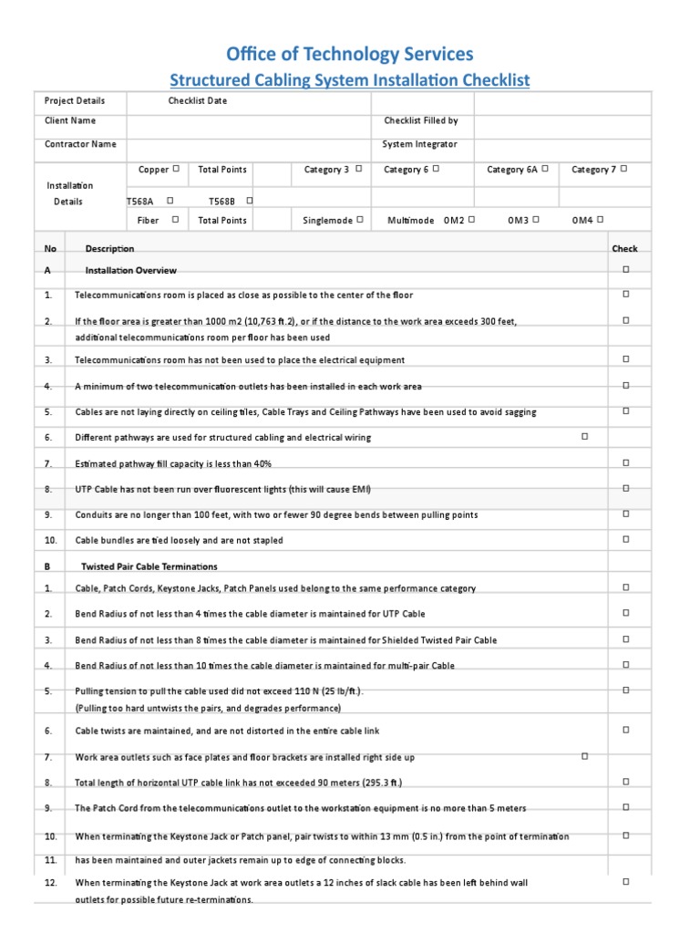 Structured Cabling Installation Checklist | PDF | Electrical ...