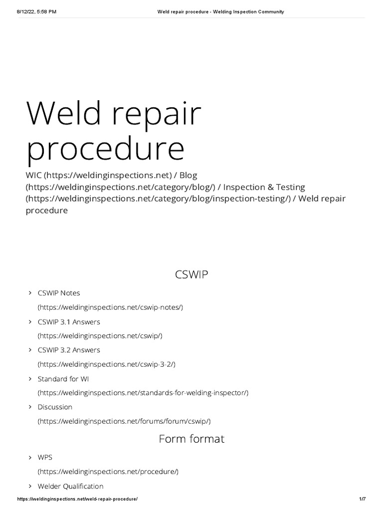 Weld repair procedure - Welding Inspection Community | PDF | Welding ...
