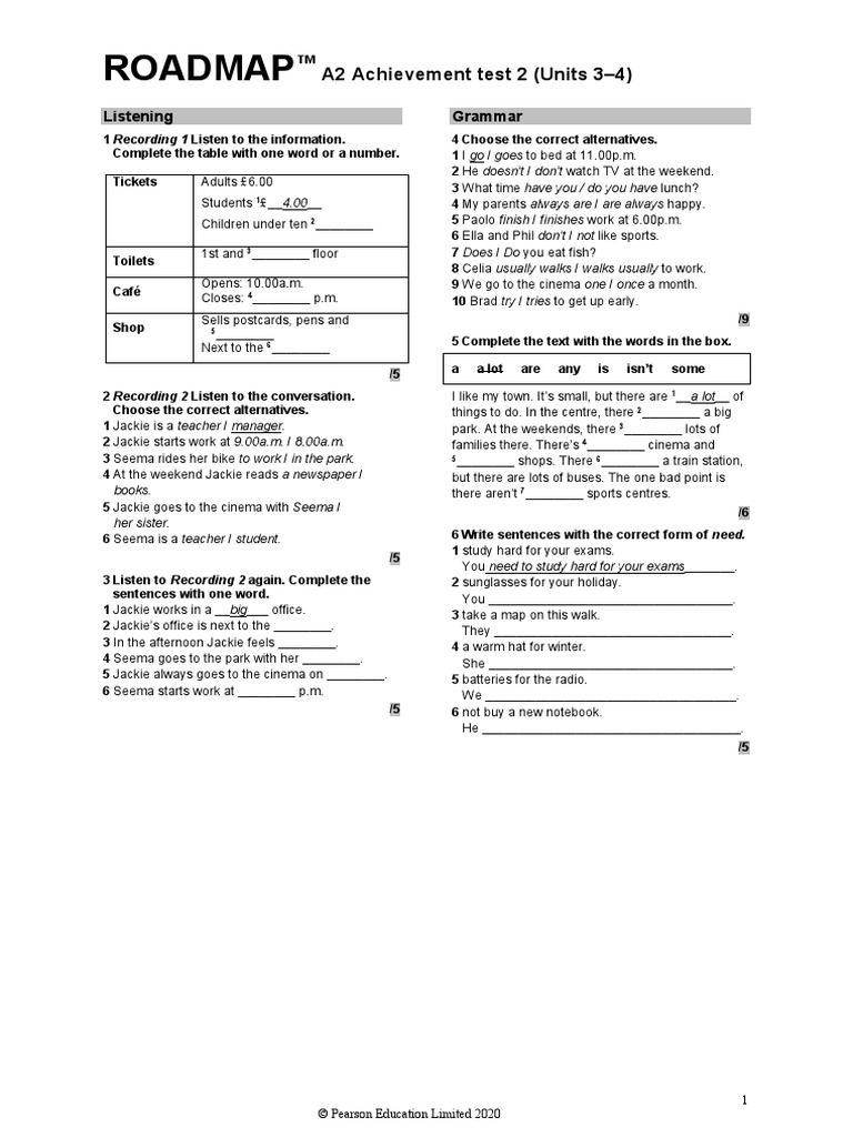 Roadmap: A2 Achievement Test 2 (Units 3-4) | PDF