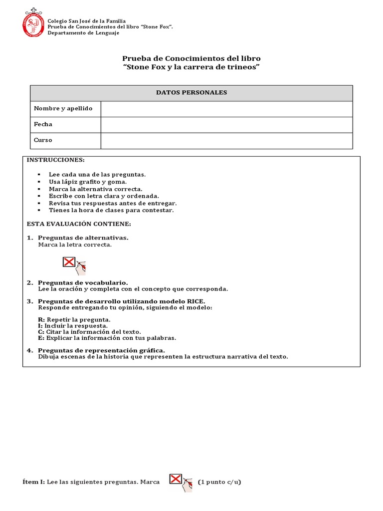 Prueba Del Libro Stone Fox (Adecuada Transitorios) 4tos. | PDF