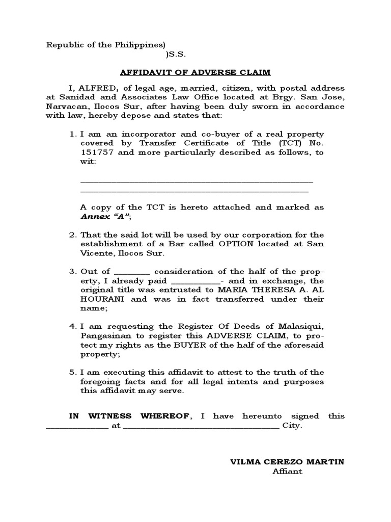 Affidavit of Adverse Claim - Alfred | PDF