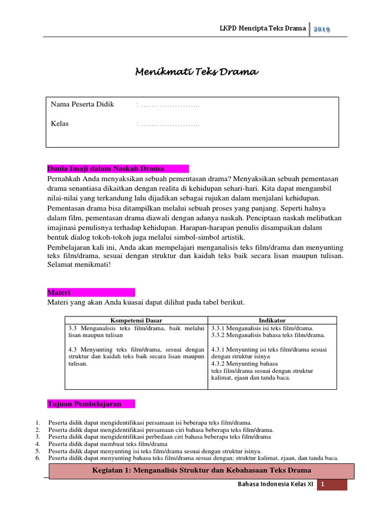 LKPD Teks Drama Xi | PDF | Seni & Disiplin Bahasa | Kajian Bahasa Asing