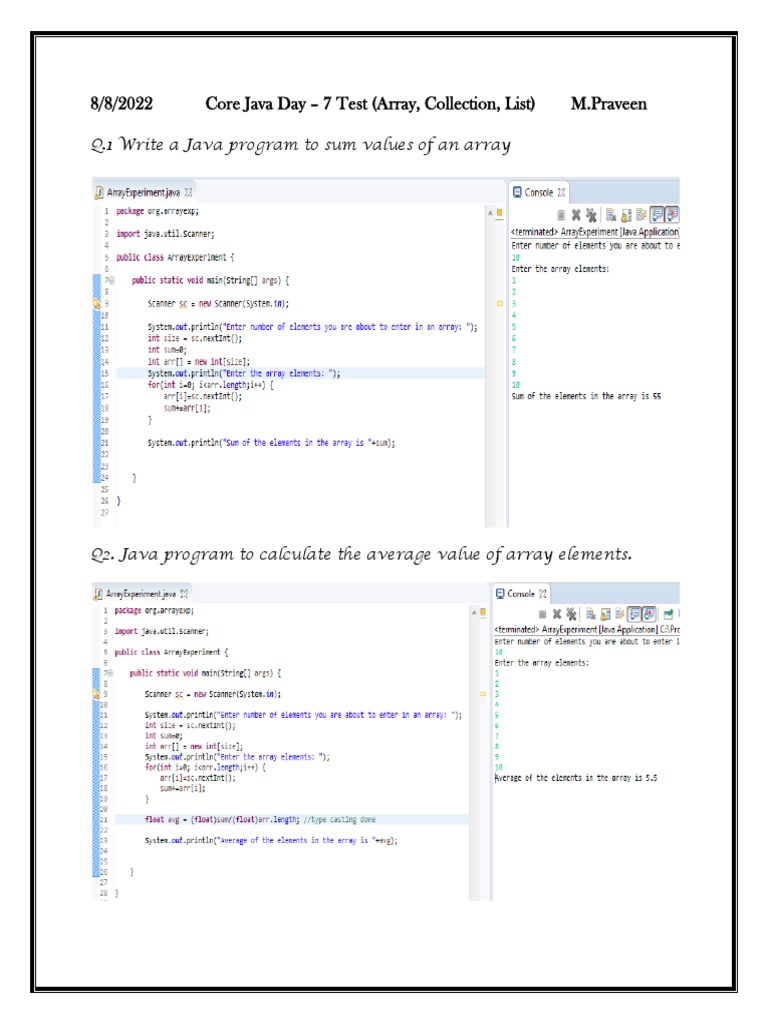 8/8/2022 Core Java Day - 7 Test (Array, Collection, List) M.Praveen ...