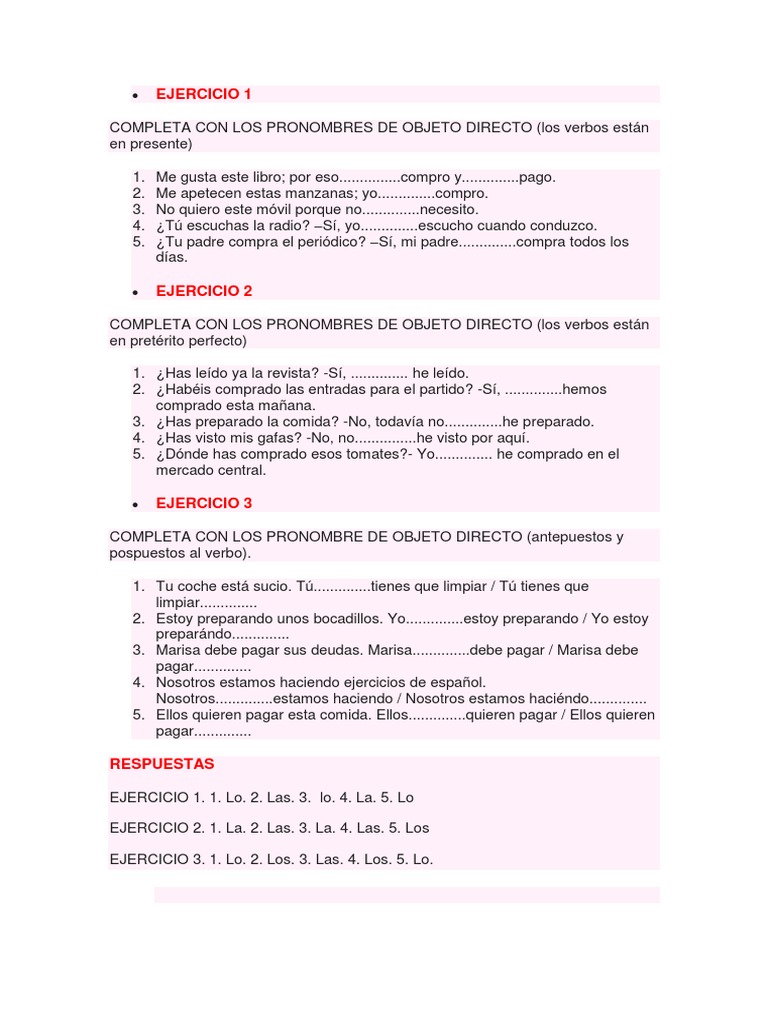 EJERCICIO Pronombres de Objeto Directo | PDF