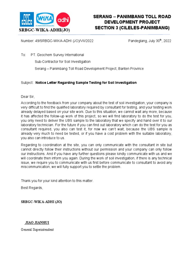 Notice Letter Regarding Sample Testing For Soil Investigation | PDF ...
