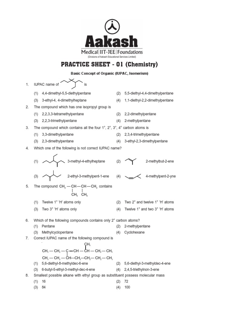 PRACTICE SHEET - 01 (Chemistry) : Basic Concept of Organic (IUPAC ...