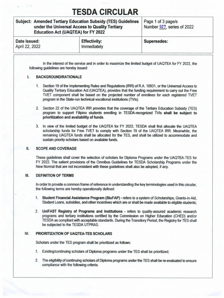 TESDA Amended TES Guidelines 2022 | PDF | Government