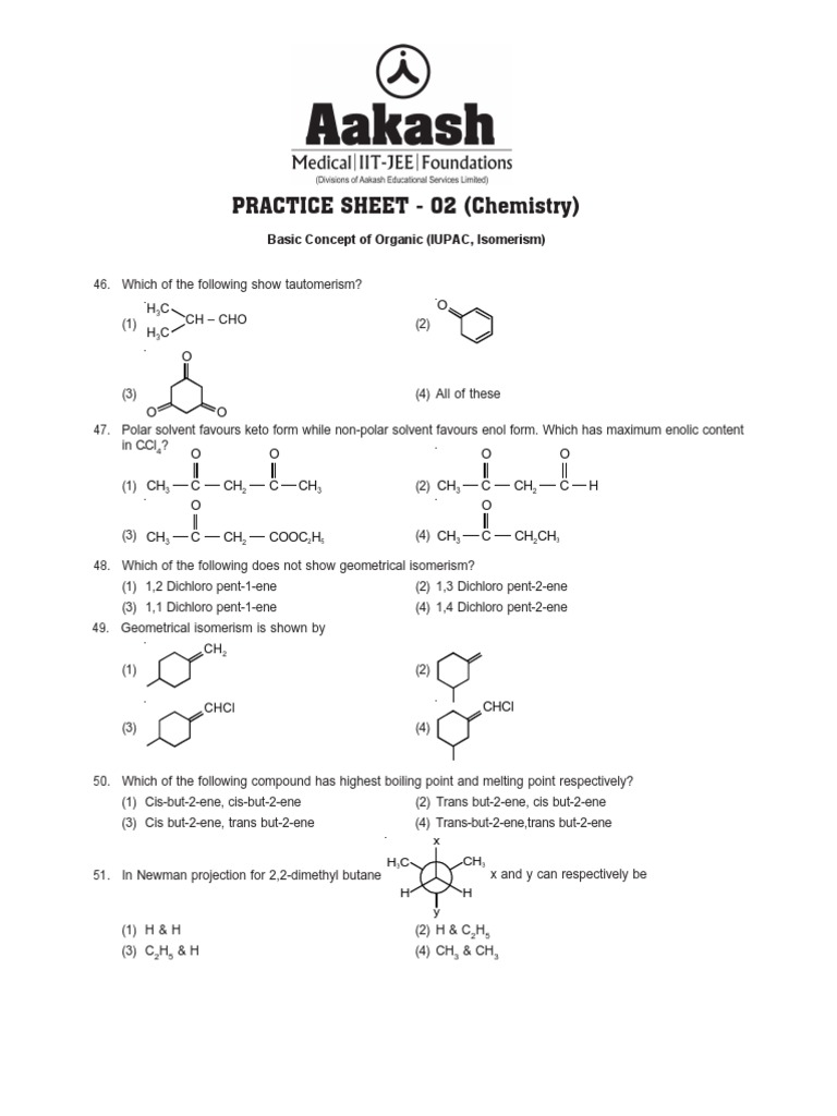 PRACTICE SHEET - 02 (Chemistry) : Basic Concept of Organic (IUPAC ...