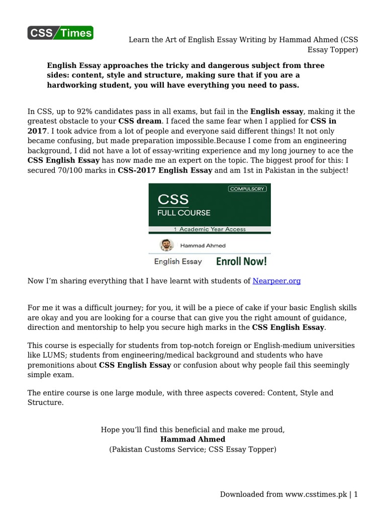 Learn The Art of English Essay Writing by Hammad Ahmed (CSS Essay ... Learn The Art of English Essay Writing by Hammad Ahmed (CSS Essay ...