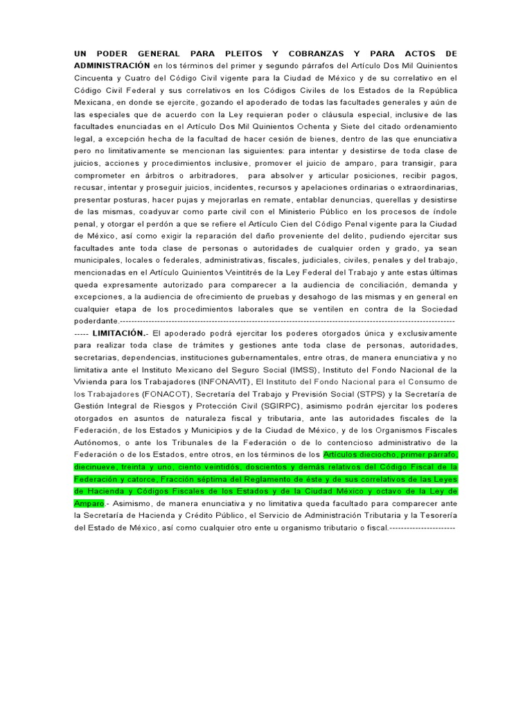 Un poder general para pleitos, cobranzas, actos de administración y ...