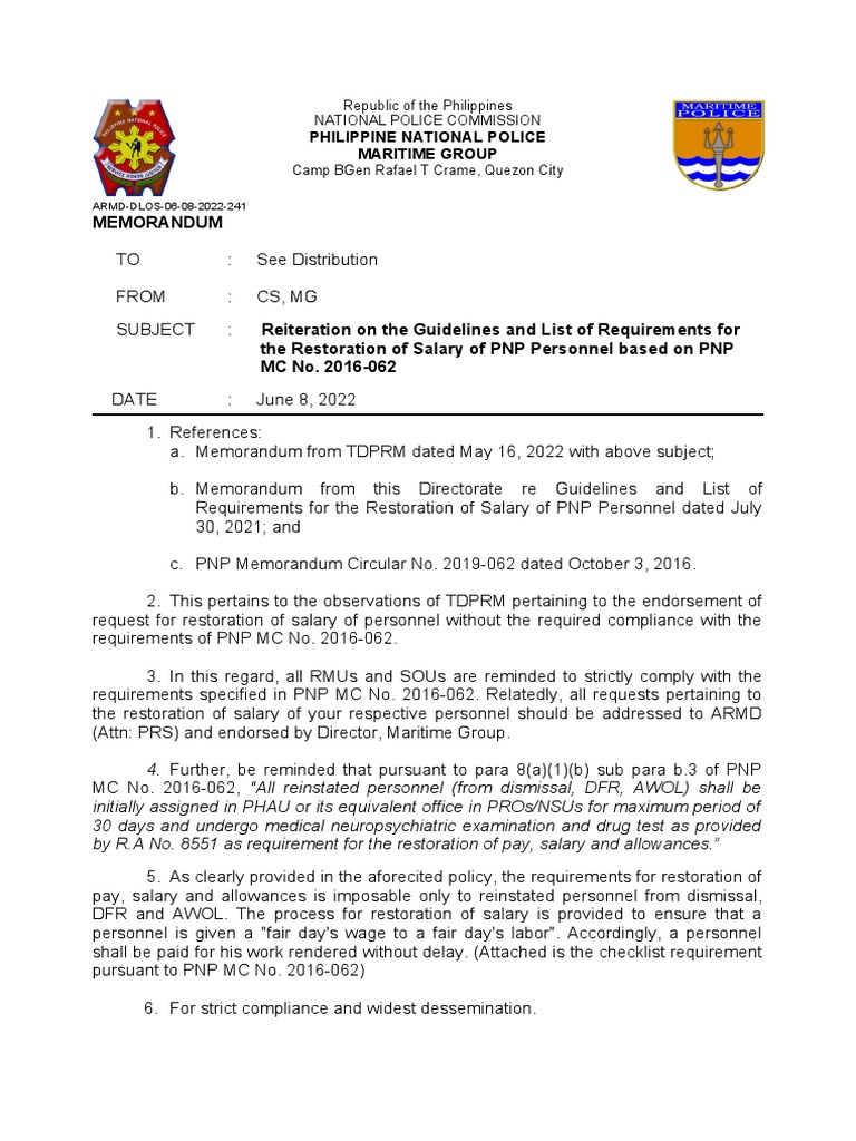 Reiteration of Guidelines for Restoring Salary of PNP Personnel in Accordance with PNP ...