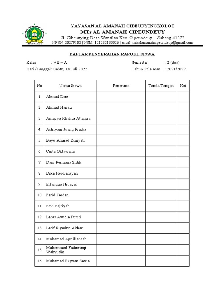 Daftar Penyerahan Raport | PDF