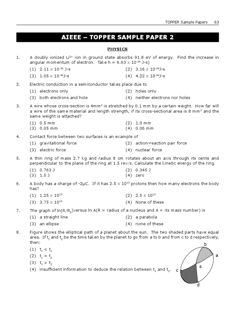 Aieee - Topper Sample Paper 2: Physics | Download Free PDF | Electric ...
