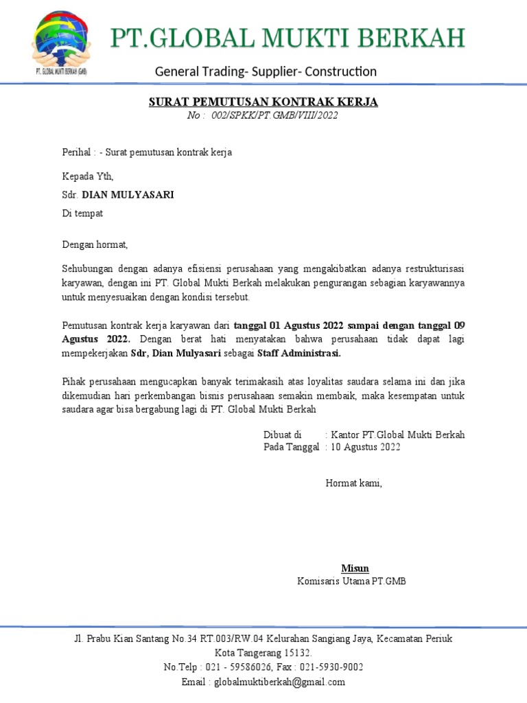 Surat Pemutusan Kontrak Kerja Karyawan | PDF