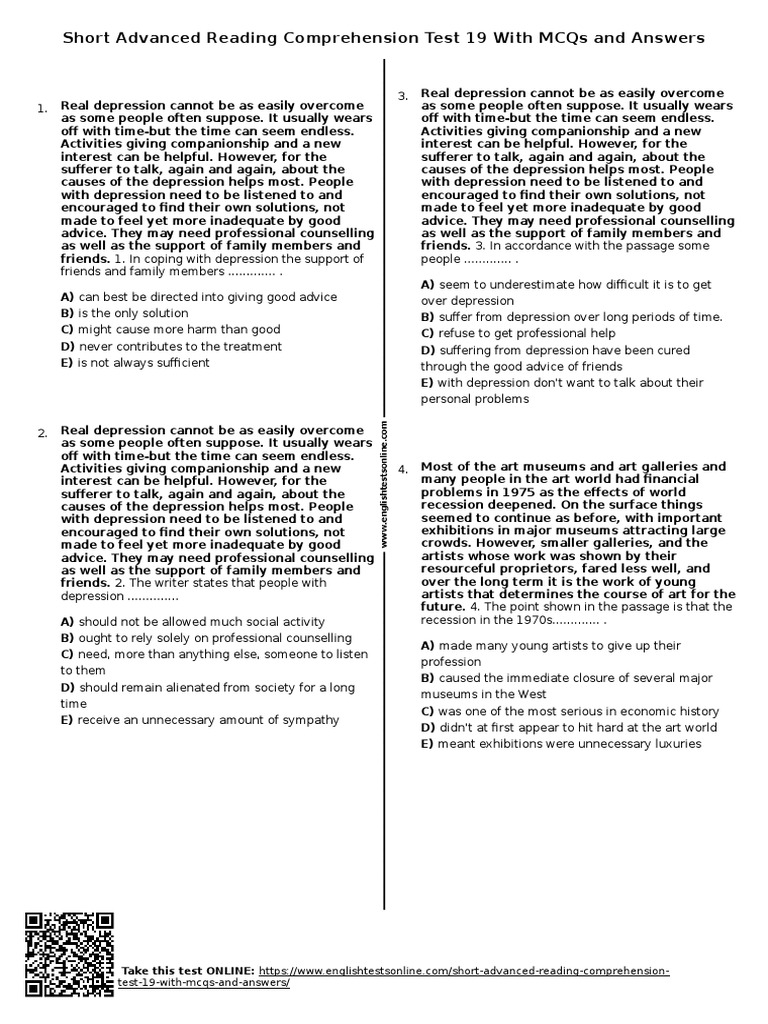 862 Short Advanced Reading Comprehension Test 19 With Mcqs and Answers ...