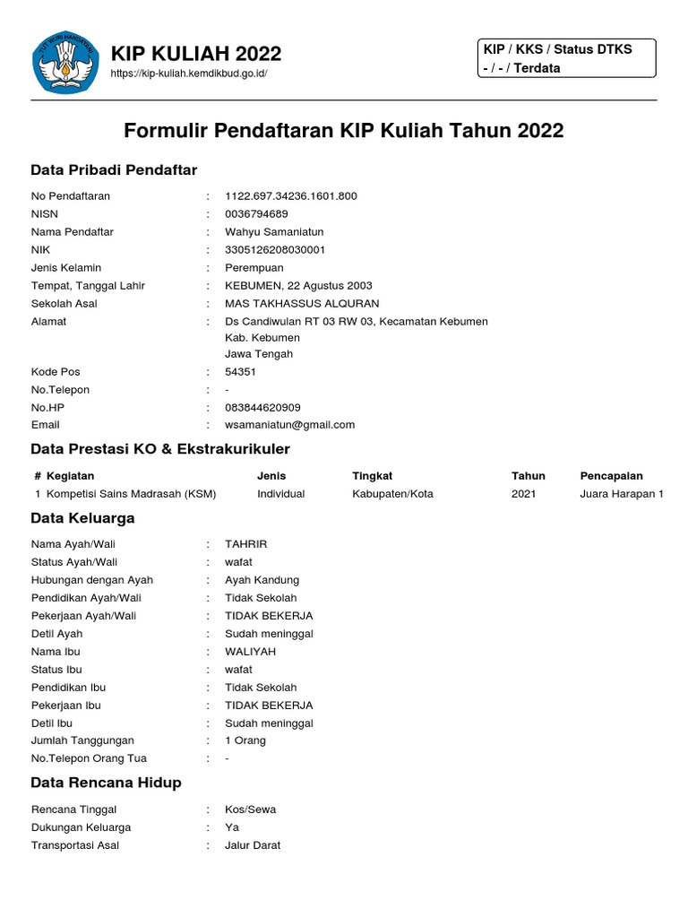 Formulir Peserta KIP Kuliah 2022 | PDF
