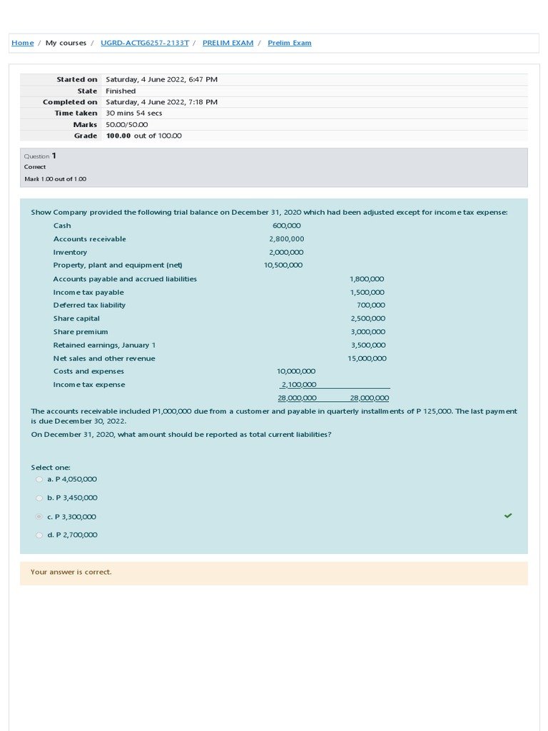 Prelim Exam - ACTG6257 Intermediate Accounting 3 | PDF | Income ...