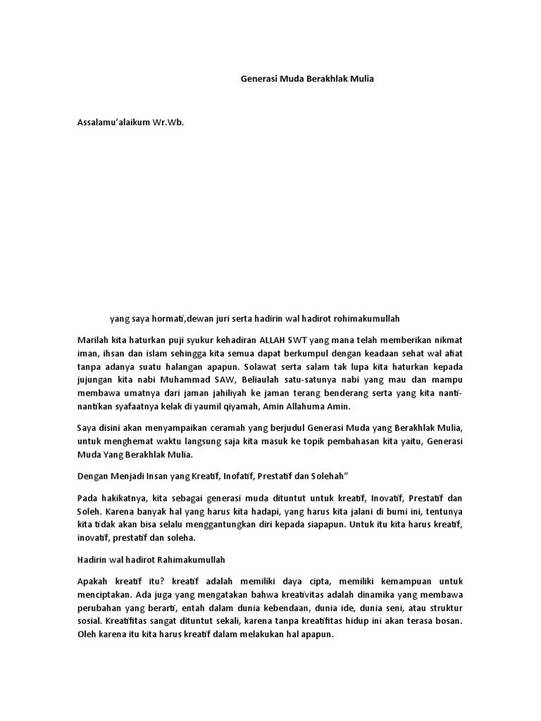 Generasi Muda Berakhlak Mulia | PDF