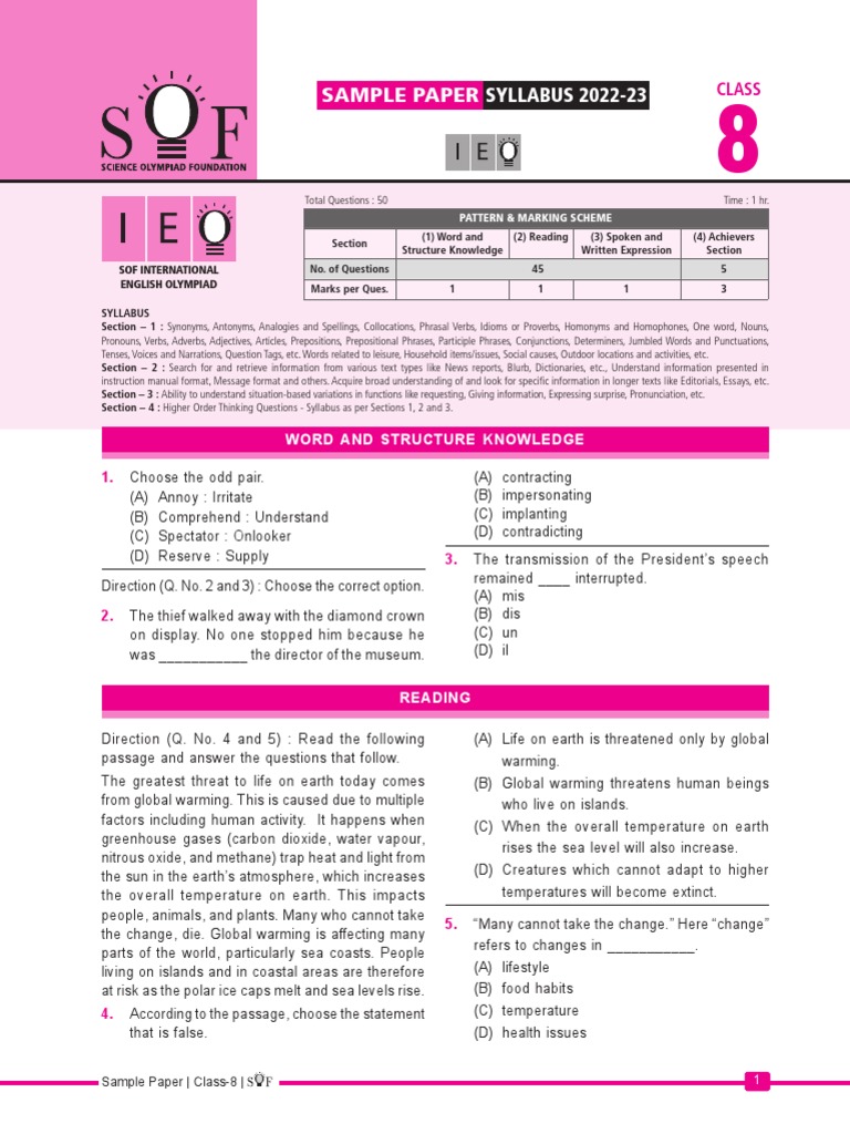 Ieo Sample Paper Class-8 | PDF | Climate Change | Earth