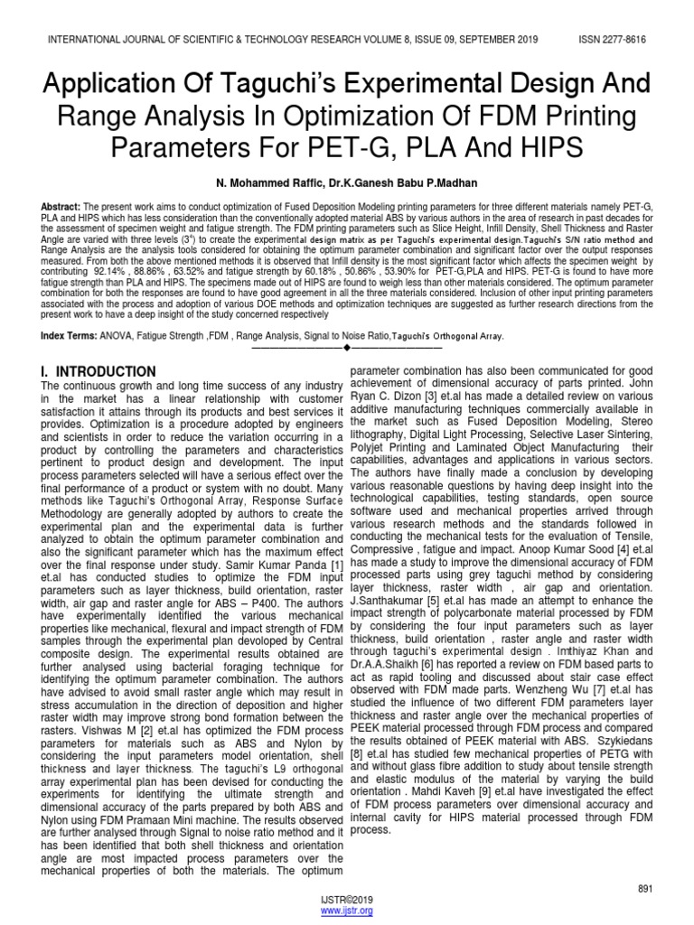 Application Of Taguchis Experimental Design And Range Analysis In Optimization Of Fdm Printing