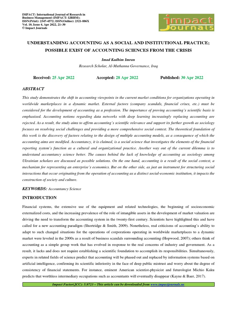 Understanding Accounting As A Social and Institutional Practice ...