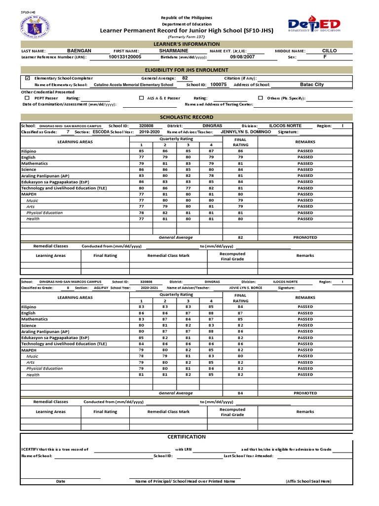 Learner Permanent Record For Junior High School (SF10-JHS) | PDF