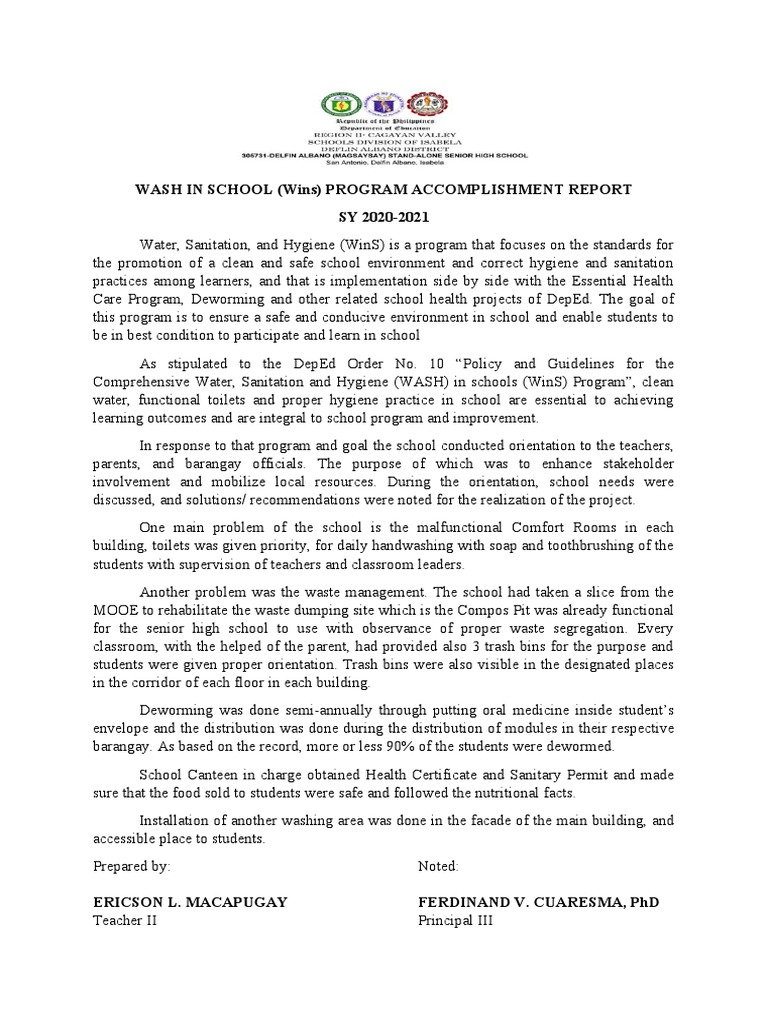 WASH IN SCHOOL (Wins) PROGRAM ACCOMPLISHMENT REPORT | PDF | Wash ...