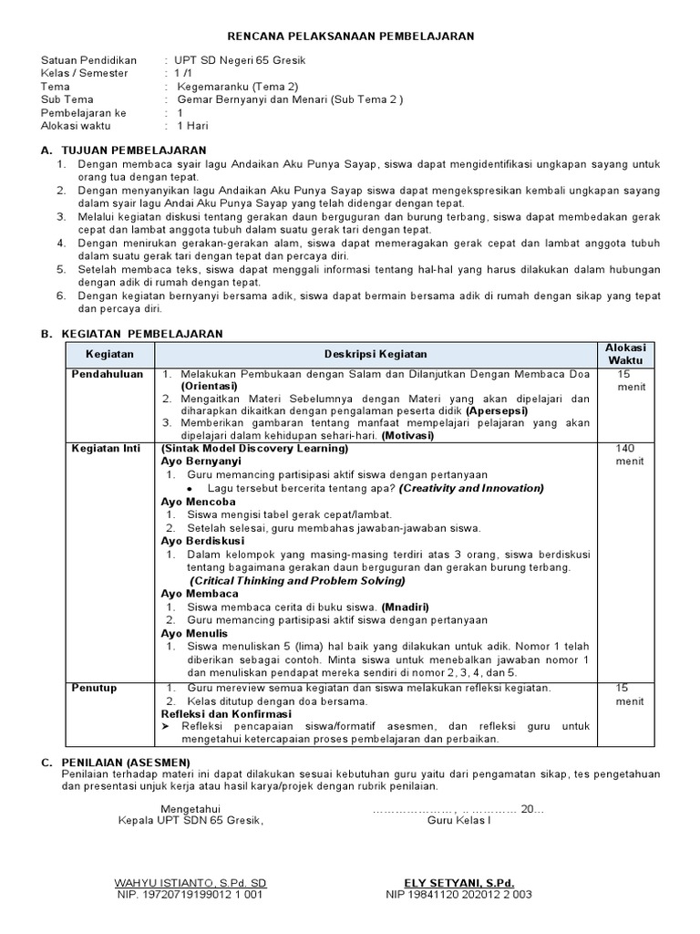 1.2.2.1 RPP Kelas 1 Tema 2 Subtema 2 Pembelajaran 1 | PDF | Karier & Perkembangan