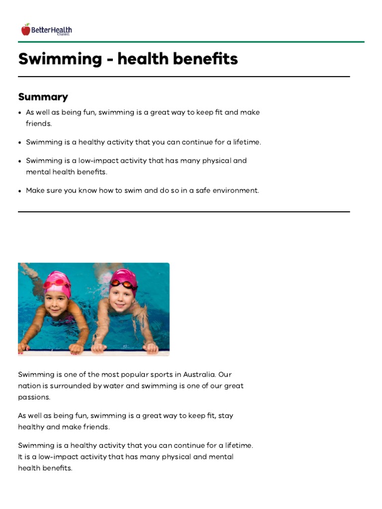 Swimming - Health Benefits - Better Health Channel | PDF | Swimming ...