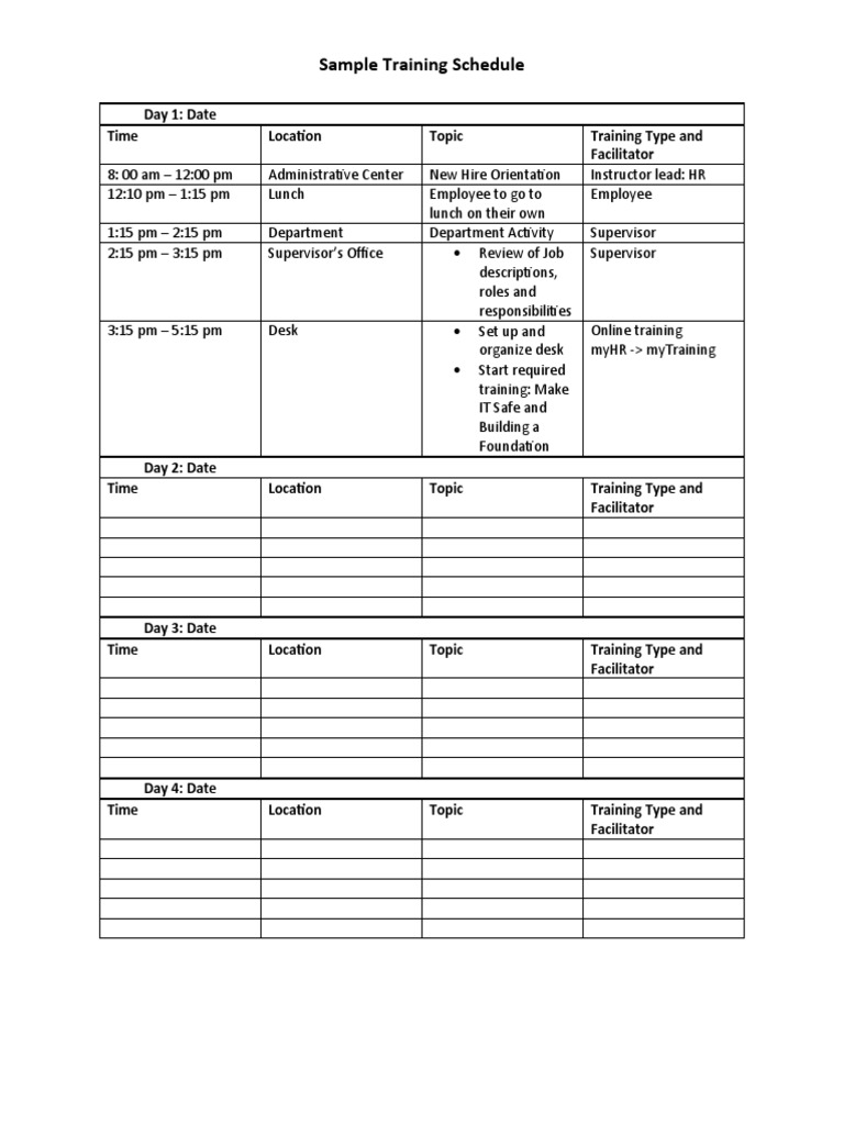 Sample Training Schedule: Day 1: Date Time Location Topic Training Type ...