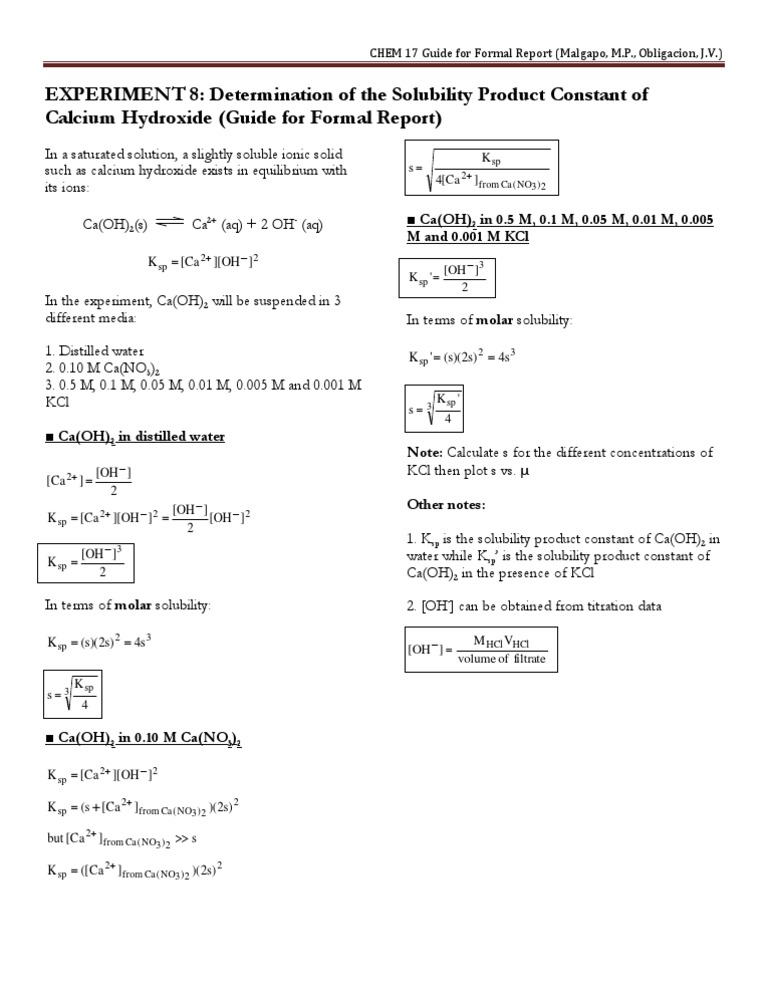 EXPERIMENT 8: Determination of The Solubility Product Constant of ...
