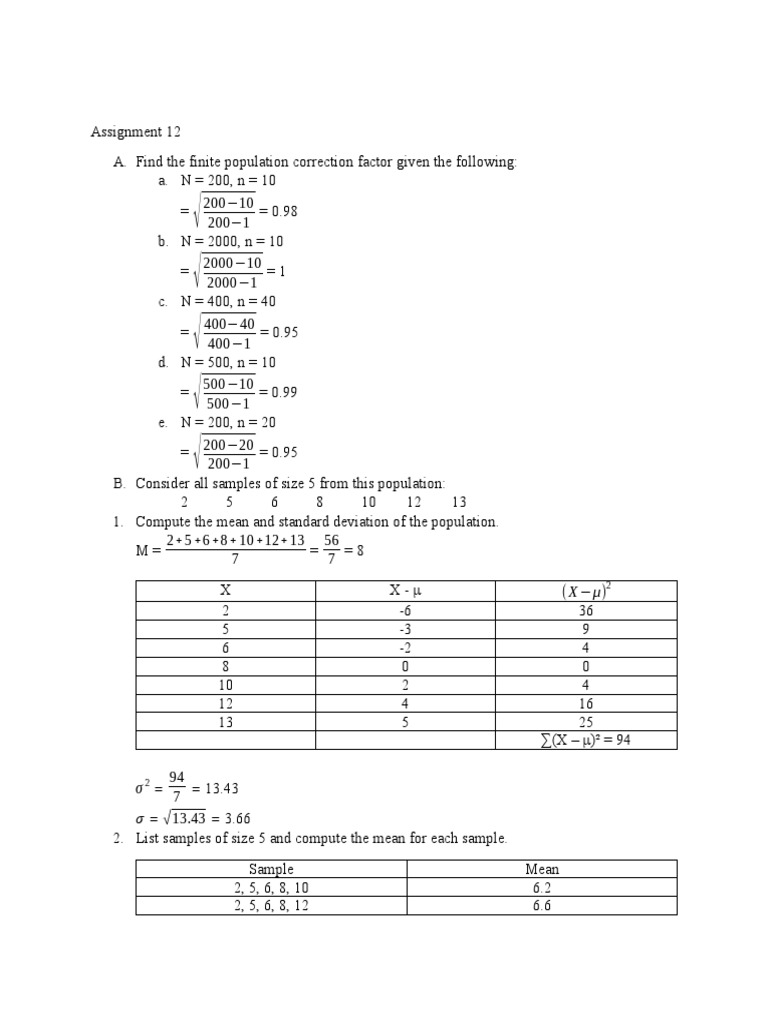 Analysis of Sampling Distributions: Calculating the Mean and Standard Deviation of Sample Means ...