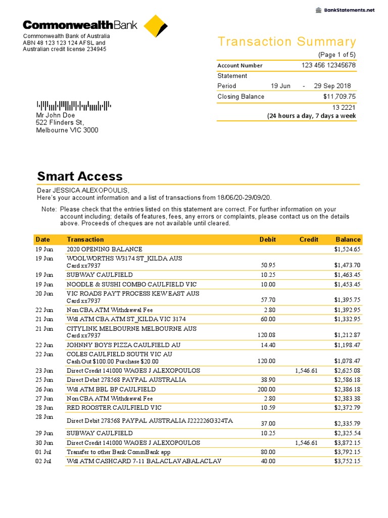 CommBank Smart Access Transaction Summary | PDF | Debit Card ...