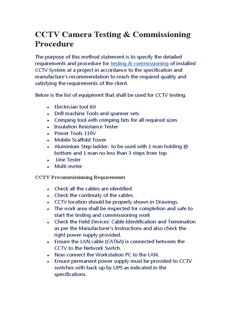 CCTV Camera Testing & Commissioning Procedure | PDF