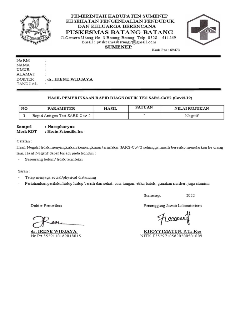Lembar Hasil RDT Swab Antigen | PDF