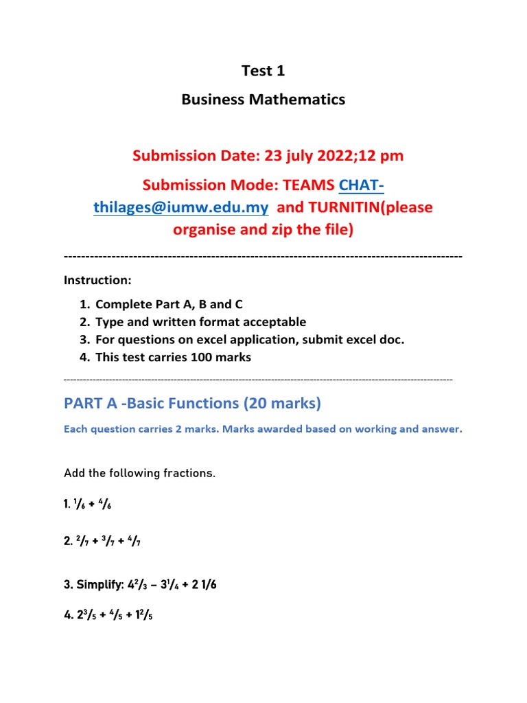 Test 1-Business Mathematics-QUESTION-STUDENT | Download Free PDF ...