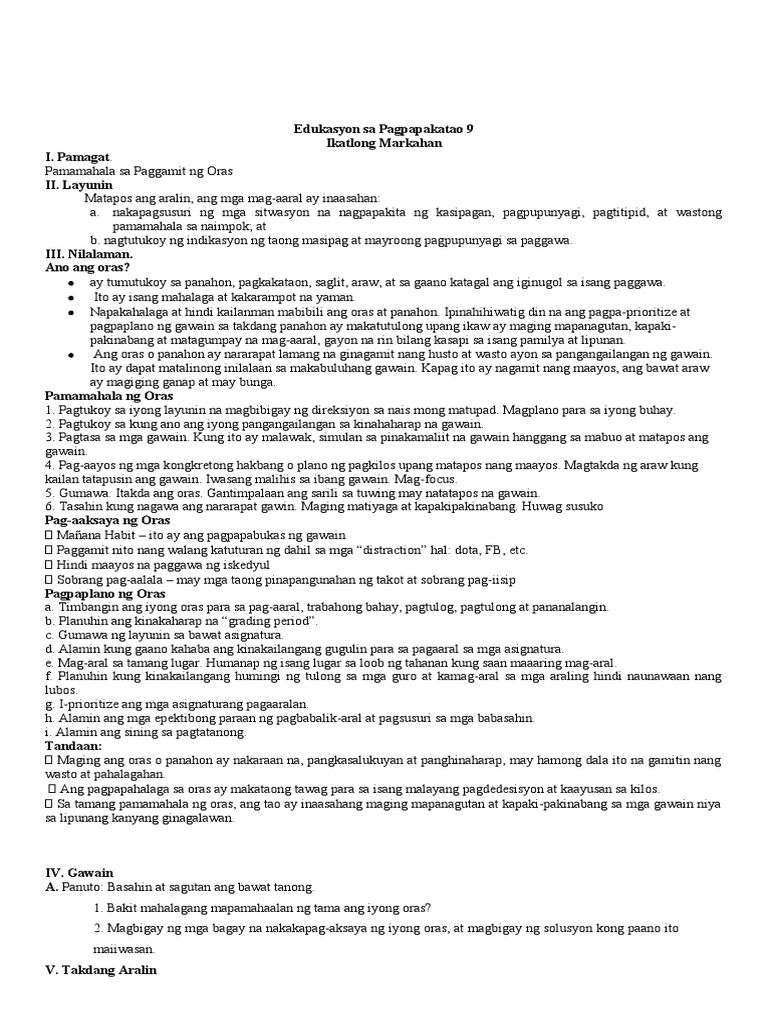 OUTLINE IN ESP 9 Week 4 | PDF