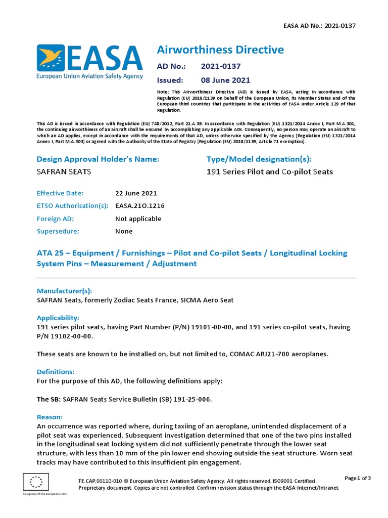 Airworthiness Directive: Design Approval Holder's Name: Type/Model ...